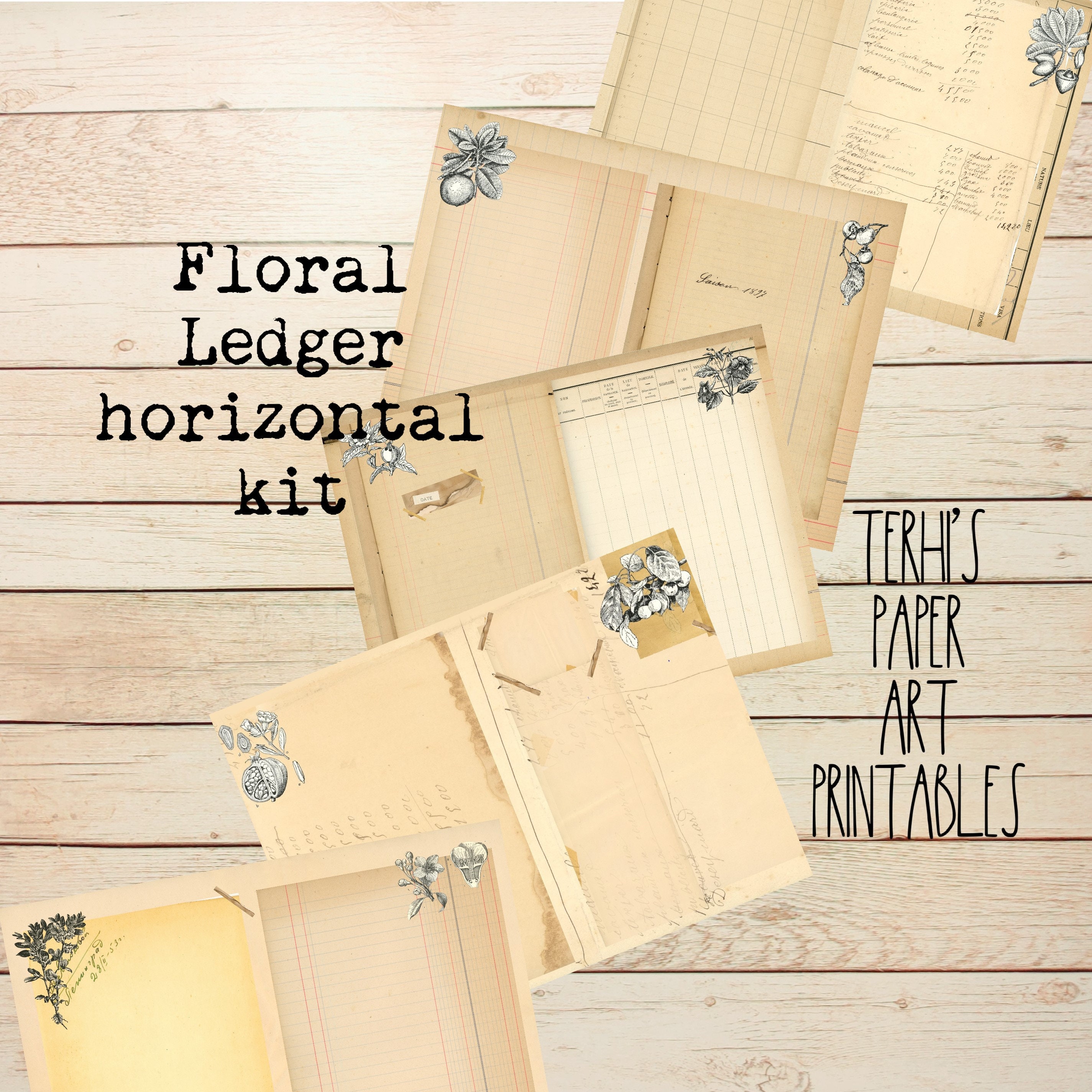 Floral Ledger Horizontal, Vintage Digital Kit, Grungy Junk Journal ...