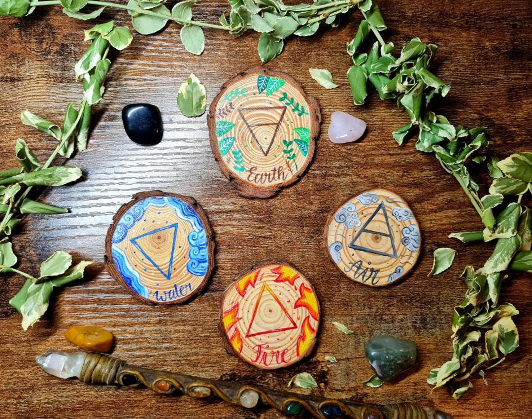 Altar Tiles Elements Set of 4 Pagan/witchcraft Hand Painted Wood Slice ...