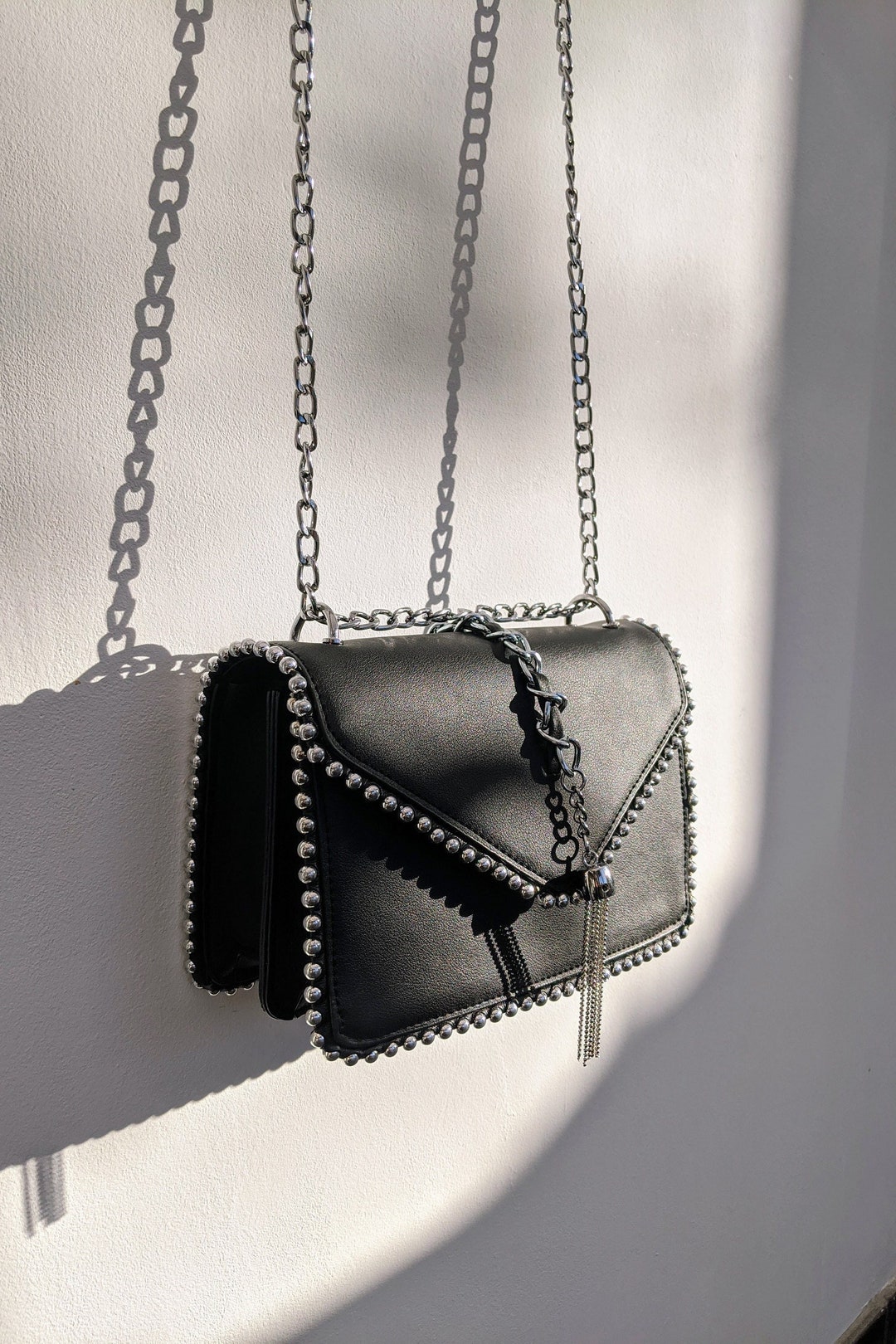 Black Studded Crossbody Bag With a Chain Strap for Women - Etsy