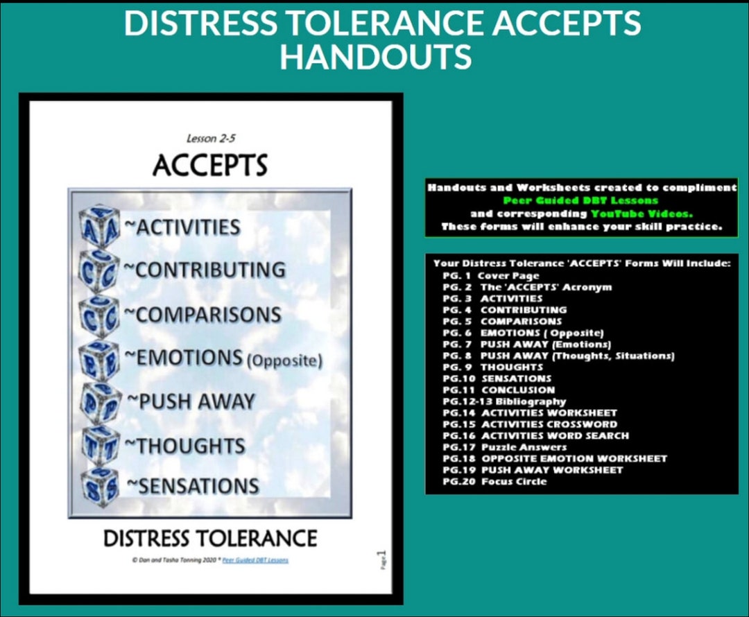 D.B.T. LESSON 2-5 / Distress Tolerance ACCEPTS Skills Worksheets and ...