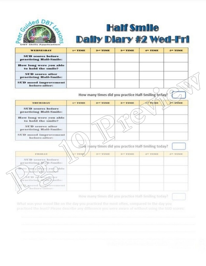 D.B.T. LESSON 2-11 / Distress Tolerance HALF-SMILE Skill Worksheets and ...