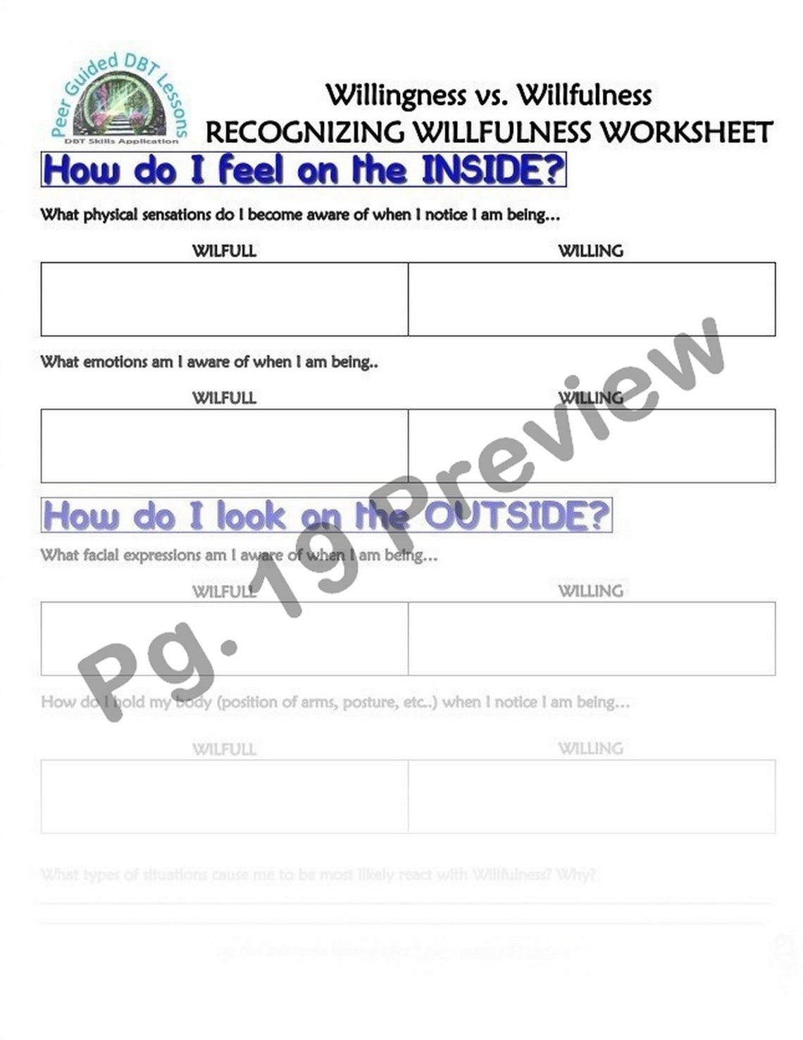 DBT LESSON 2-8 / Willingness Vs. Willfulness - Worksheets and Handouts ...