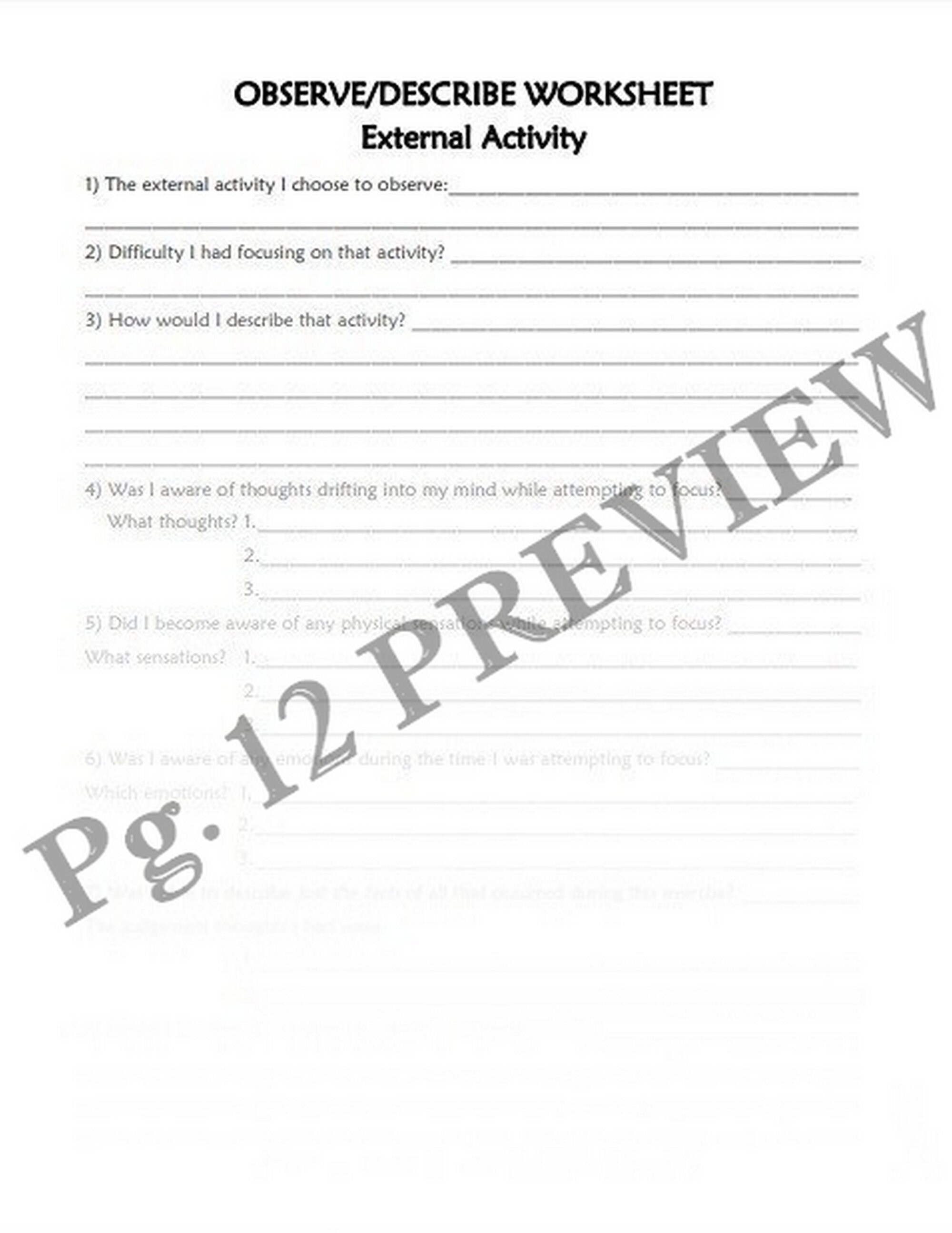 DBT LESSON 1-2/ 'WHAT' Skills of Mindfulness 1-2 / Worksheet and ...