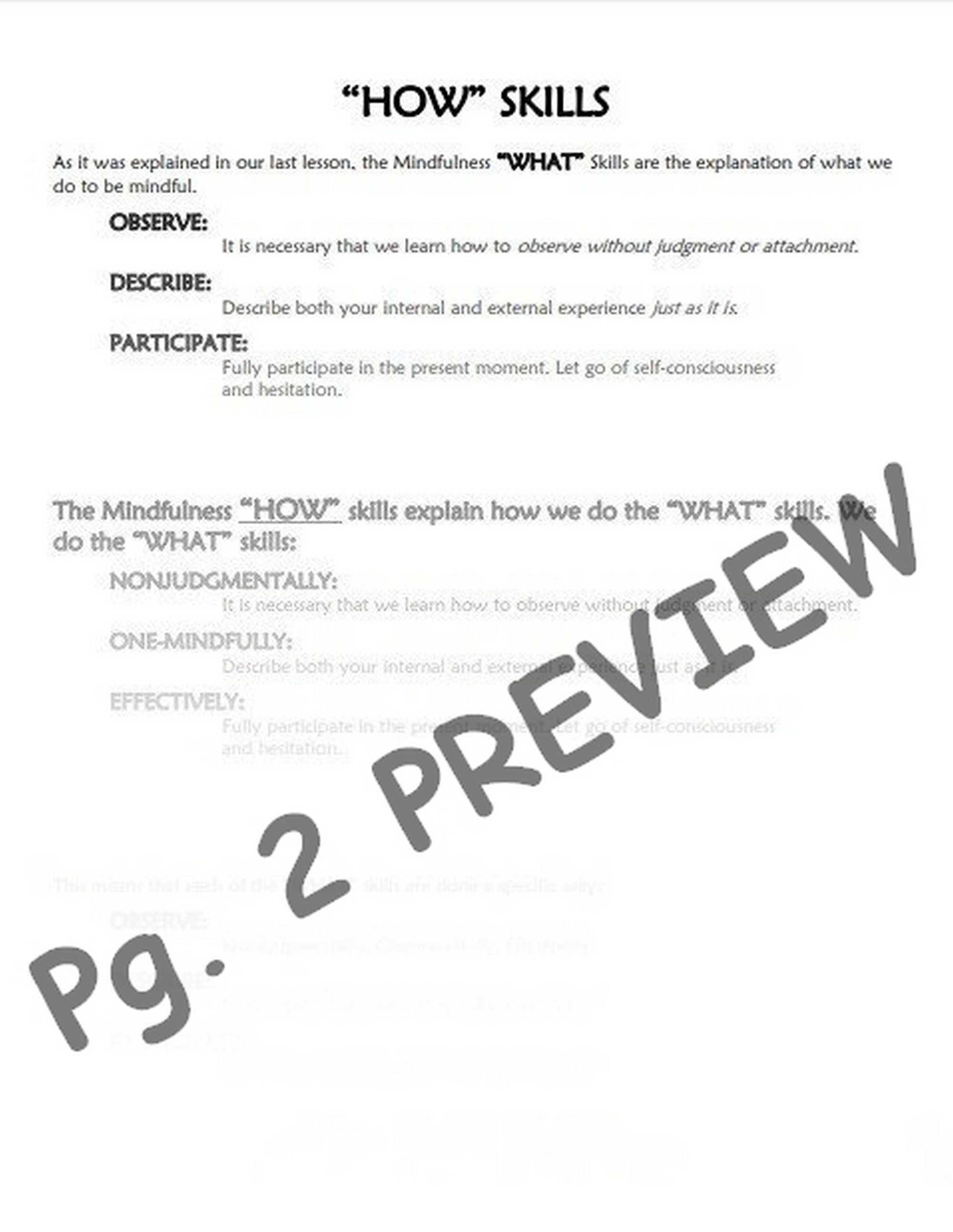 DBT LESSON 1-4 / 'HOW' Skills of Mindfulness pt.2/ Worksheet and ...