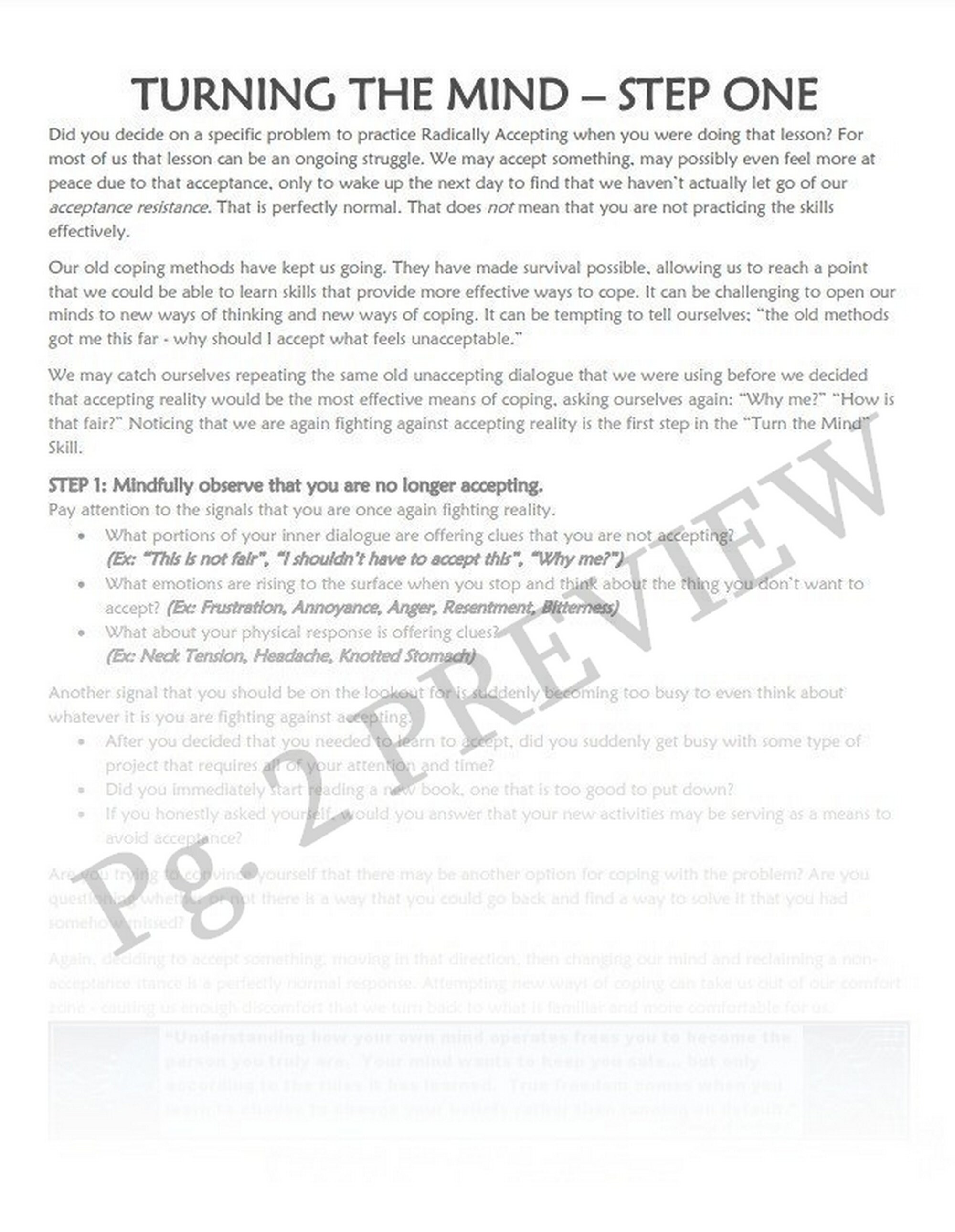D.B.T. LESSON 2-14/ Distress Tolerance TURN the MIND Skill Worksheets ...