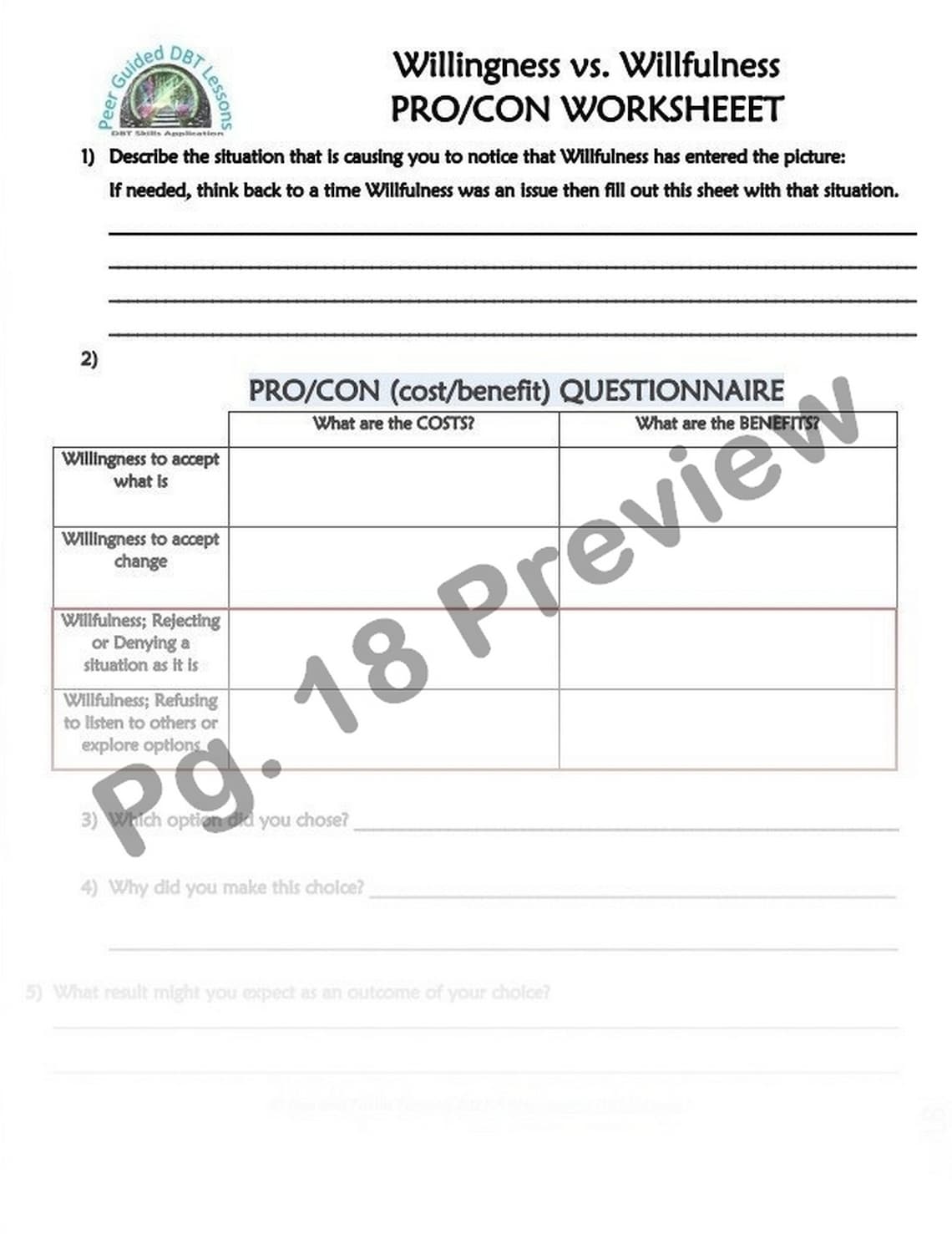 DBT LESSON 2-8 / Willingness Vs. Willfulness - Worksheets and Handouts ...