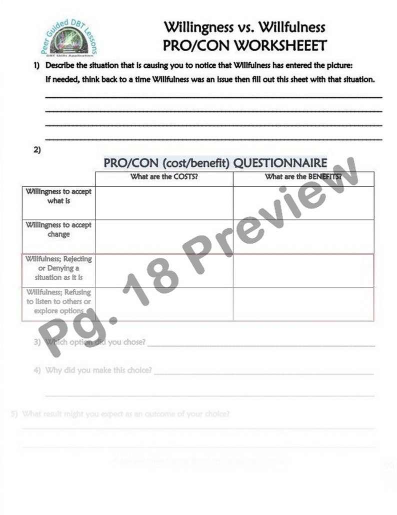 DBT LESSON 2-8 / Willingness Vs. Willfulness Worksheets and Handouts ...