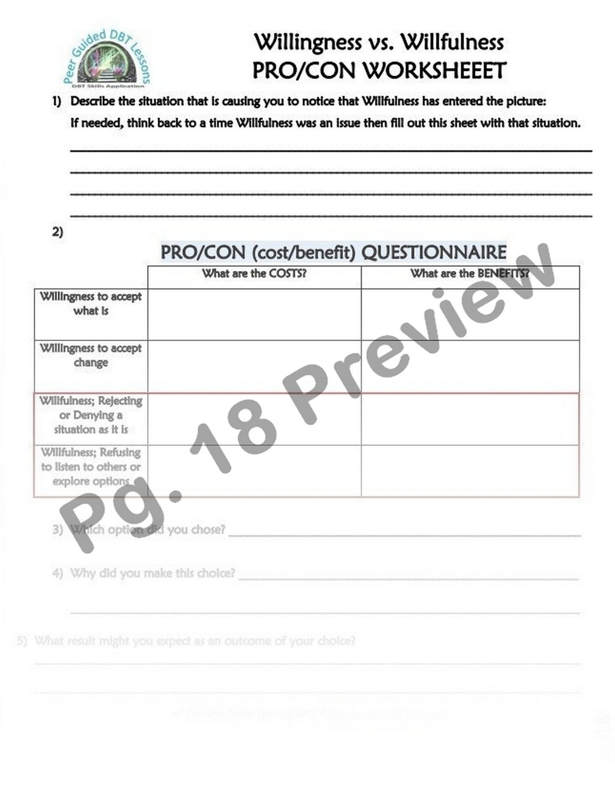 DBT LESSON 2-8 / Willingness Vs. Willfulness - Worksheets and Handouts ...