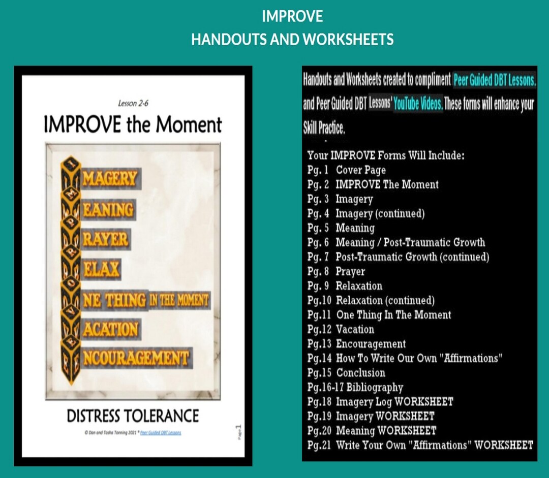 D.B.T. LESSON 2-6 / Distress Tolerance IMPROVE Skills Worksheets and ...