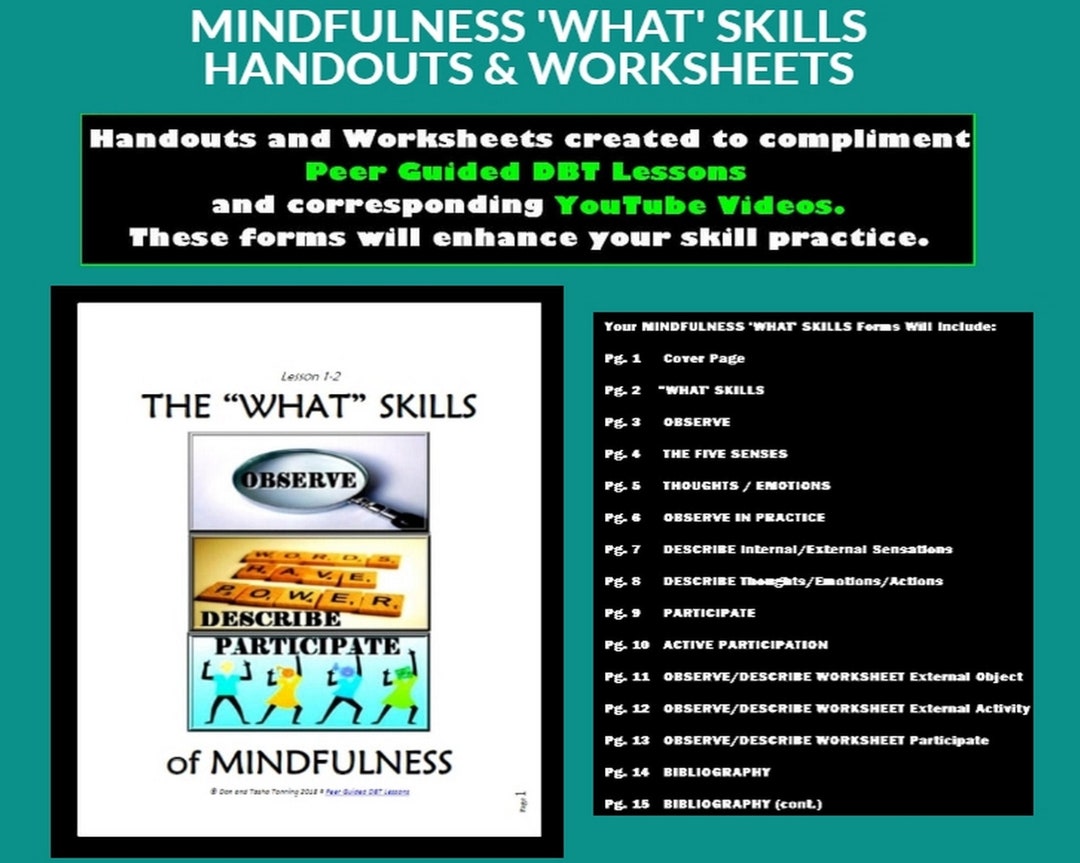 DBT LESSON 1-2/ 'WHAT' Skills of Mindfulness 1-2 / Worksheet and ...