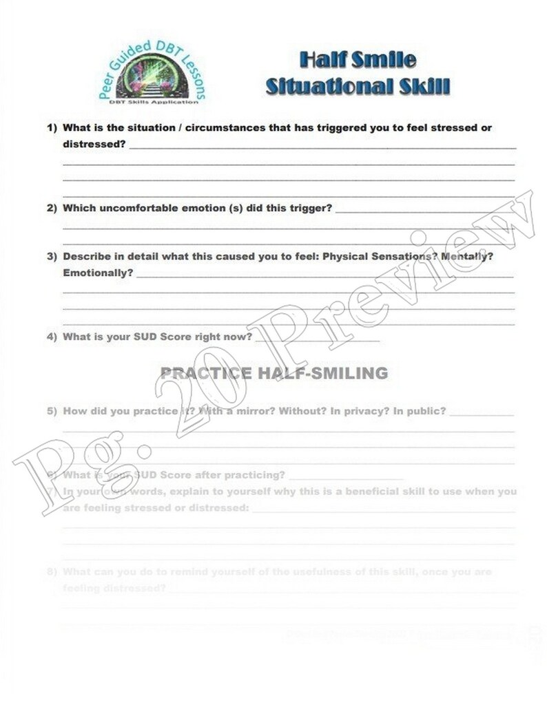 D.B.T. LESSON 2-11 / Distress Tolerance HALF-SMILE Skill Worksheets and ...
