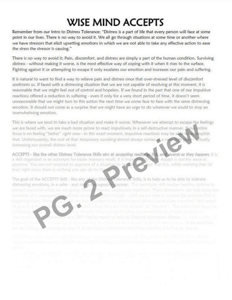 D.B.T. LESSON 2-5 / Distress Tolerance ACCEPTS Skills Worksheets and ...