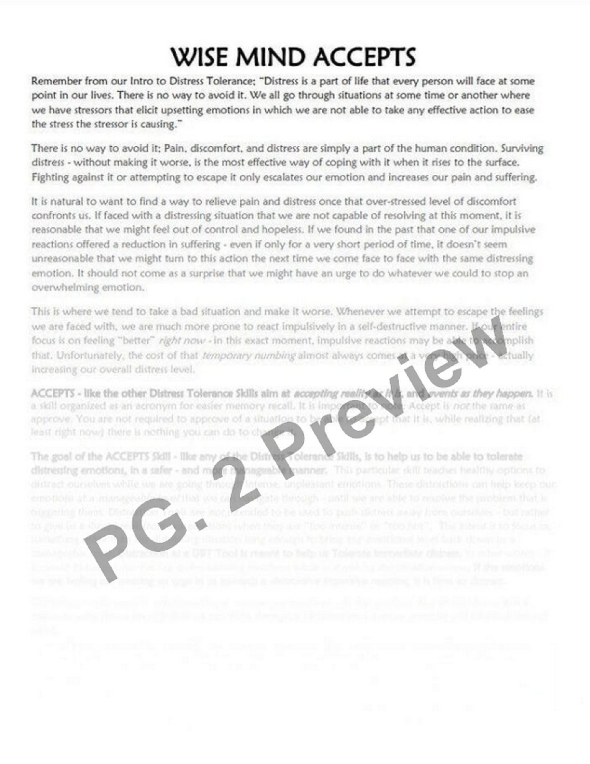 D.B.T. LESSON 2-5 / Distress Tolerance ACCEPTS Skills Worksheets and ...
