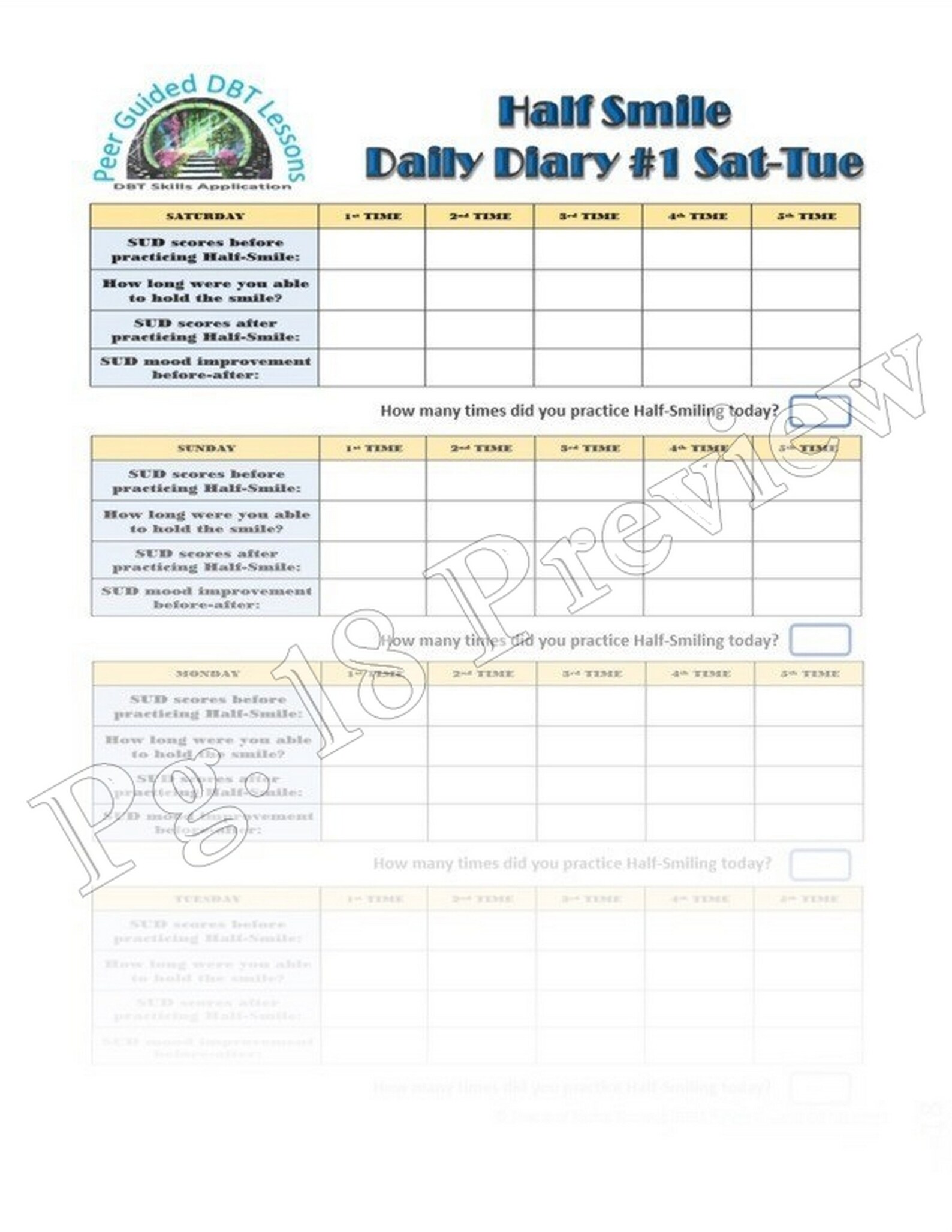 D.B.T. LESSON 2-11 / Distress Tolerance HALF-SMILE Skill Worksheets and ...