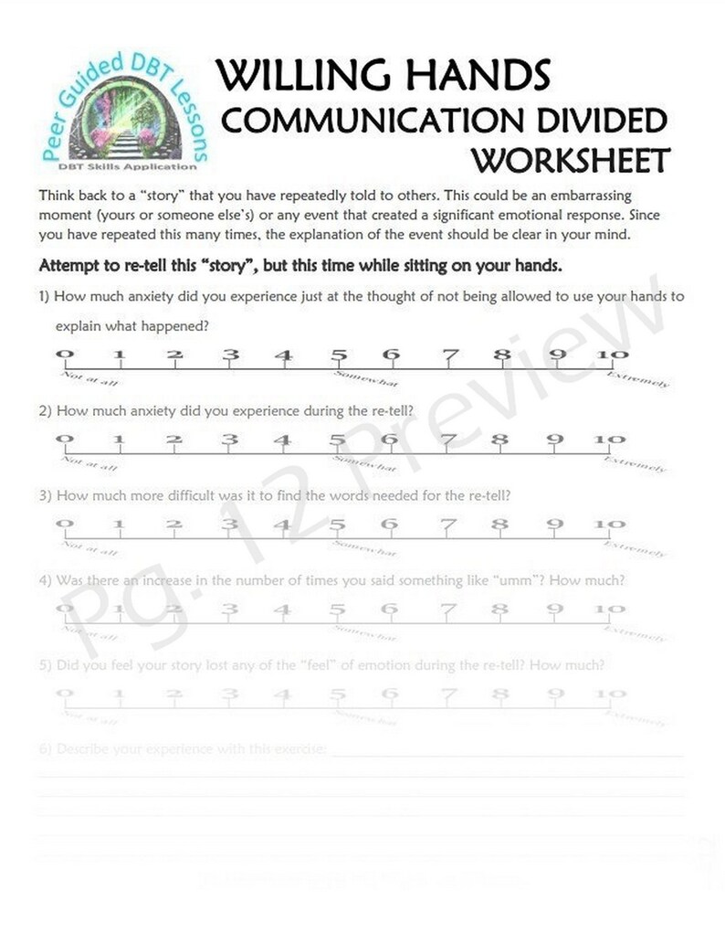 D.B.T. LESSON 2-13 / Distress Tolerance WILLING HANDS Skill Worksheets ...