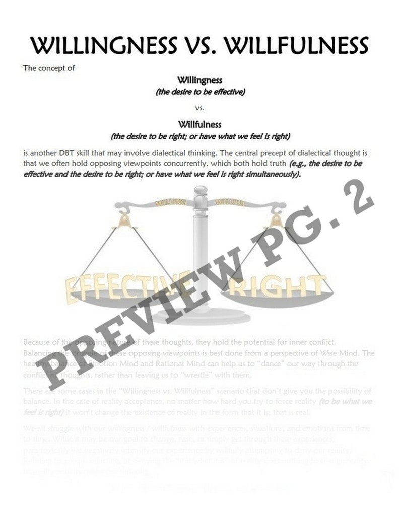 DBT LESSON 2-8 / Willingness Vs. Willfulness - Worksheets and Handouts ...