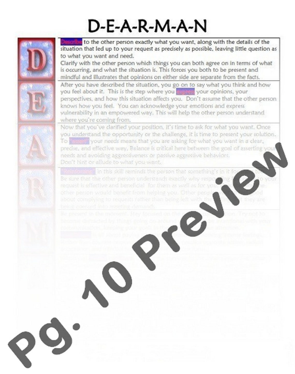 DBT LESSON 4-5 / Interpersonal Effectiveness D-E-A-R-M-A-N Worksheets ...