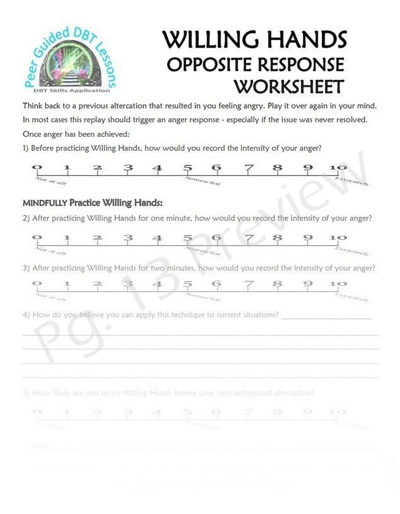 D.B.T. LESSON 2-13 / Distress Tolerance WILLING HANDS Skill Worksheets ...