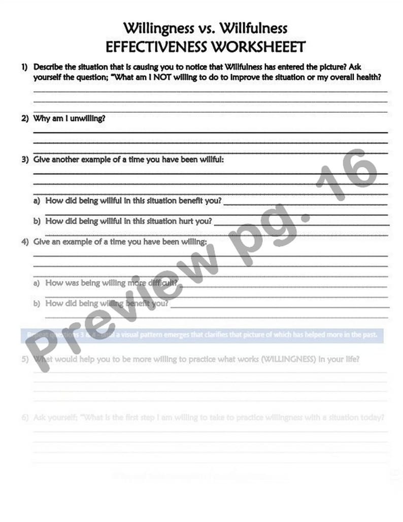 DBT LESSON 2-8 / Willingness Vs. Willfulness - Worksheets and Handouts ...