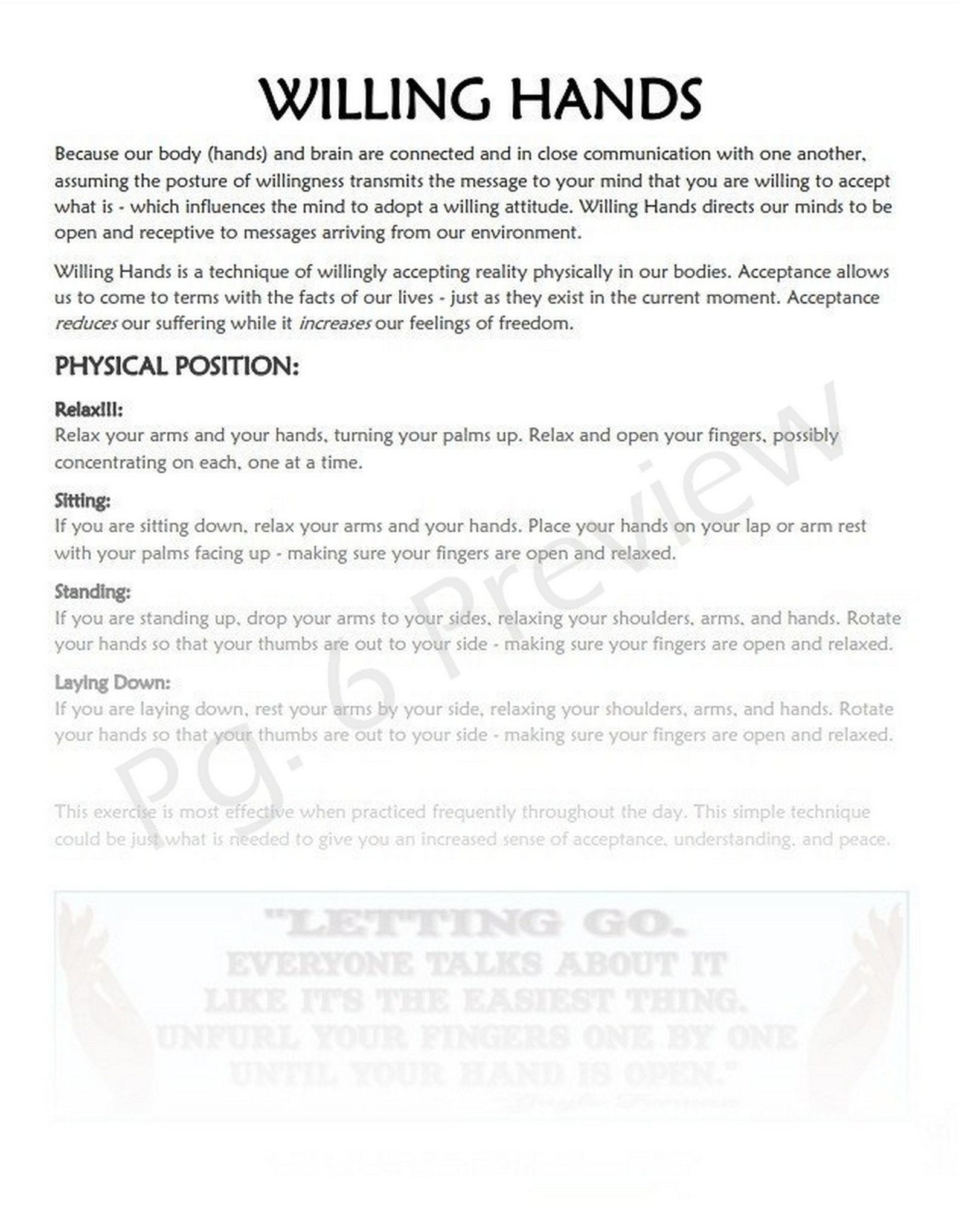 D.B.T. LESSON 2-13 / Distress Tolerance WILLING HANDS Skill Worksheets ...