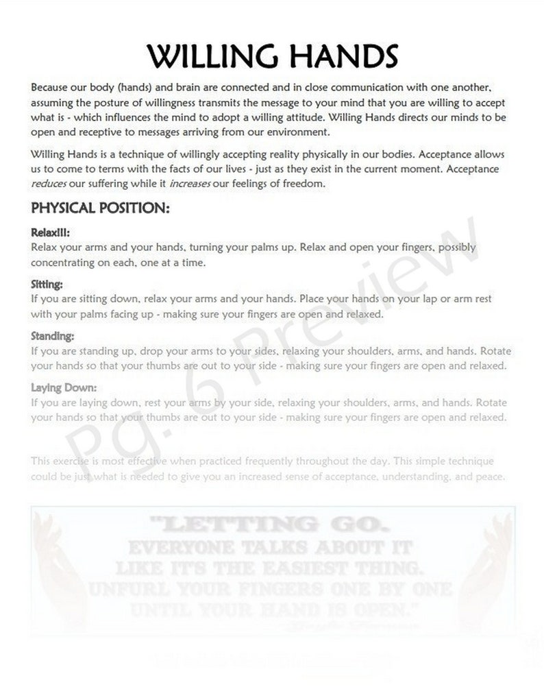 D.B.T. LESSON 2-13 / Distress Tolerance WILLING HANDS Skill Worksheets ...