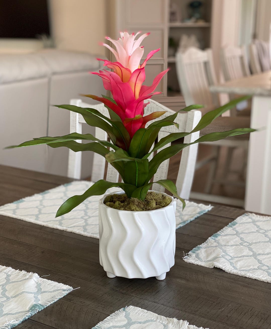 Hot Pink Faux Bromeliad Tropical Centerpiece in White Ceramic Pot ...