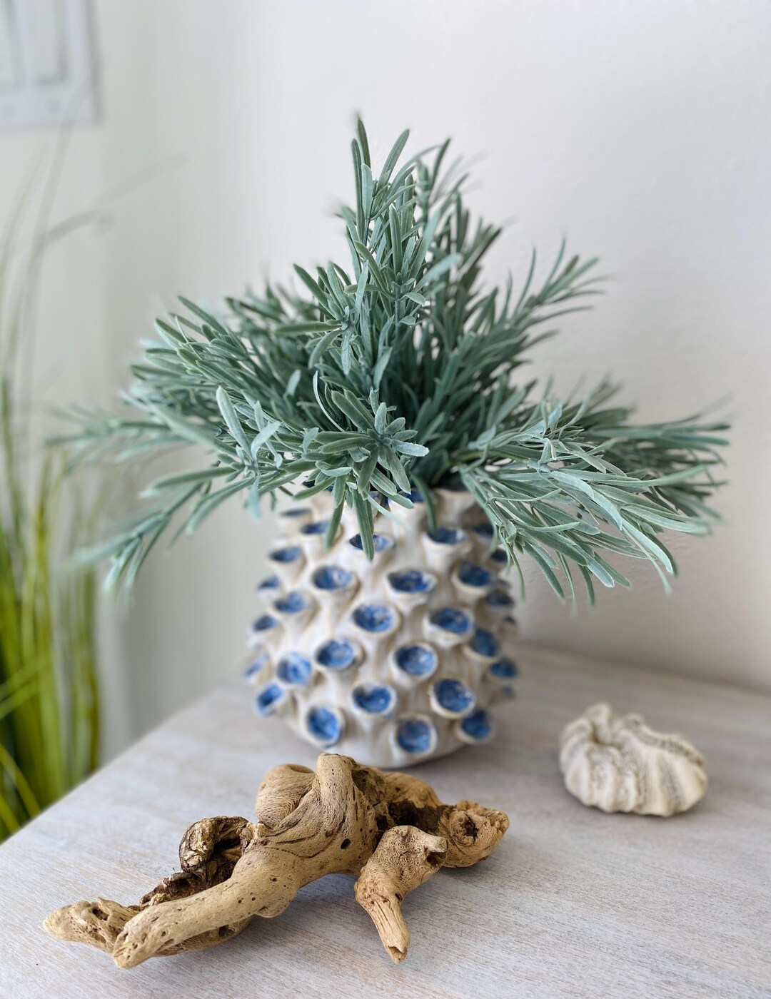 Coastal Rosemary Centerpiece in Faux Coral Barnacle Vase, Coastal Table ...