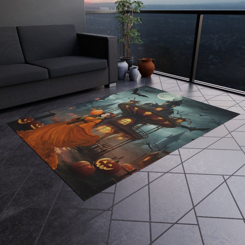 Halloween Outdoor Rug Spooky Design With Witch and Haunted House Decor ...