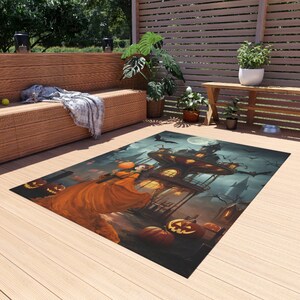 Halloween Outdoor Rug Spooky Design With Witch and Haunted House Decor ...
