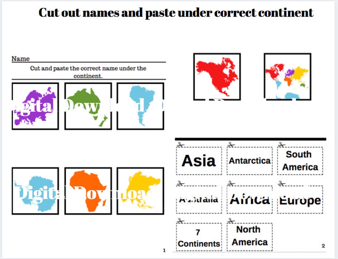 Continents Flashcards and Worksheets Printable Downloads // - Etsy