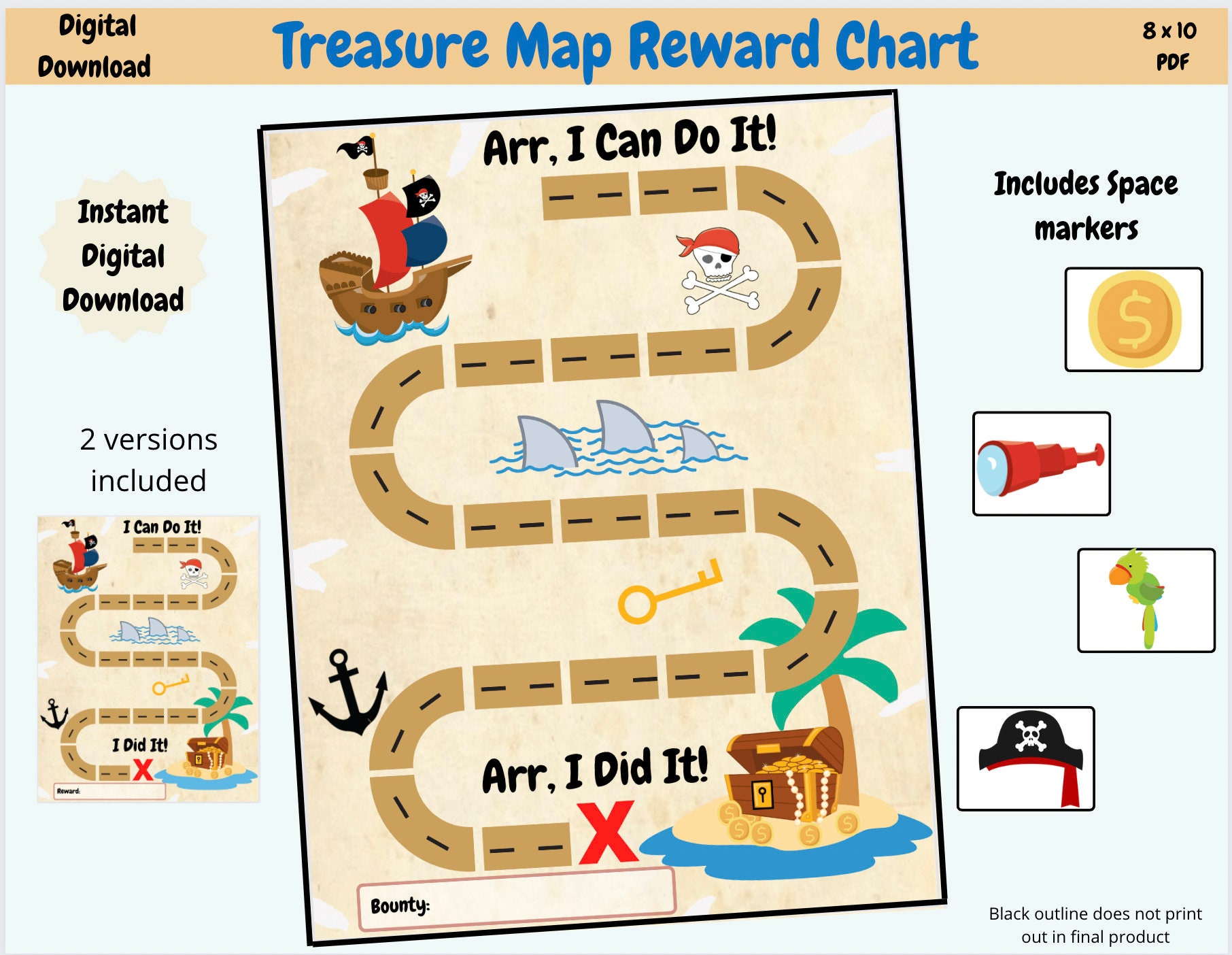 Treasure Map Pirate Map Reward Chart DIGITAL DOWNLOAD // Printable ...