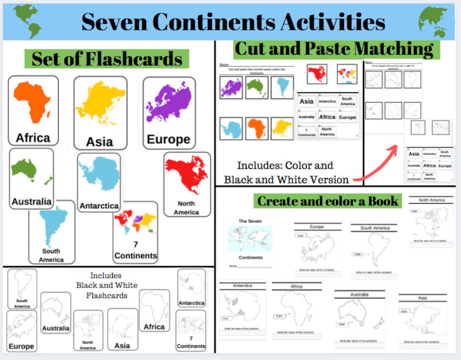 Continents Flashcards and Worksheets Printable Downloads // Continents ...