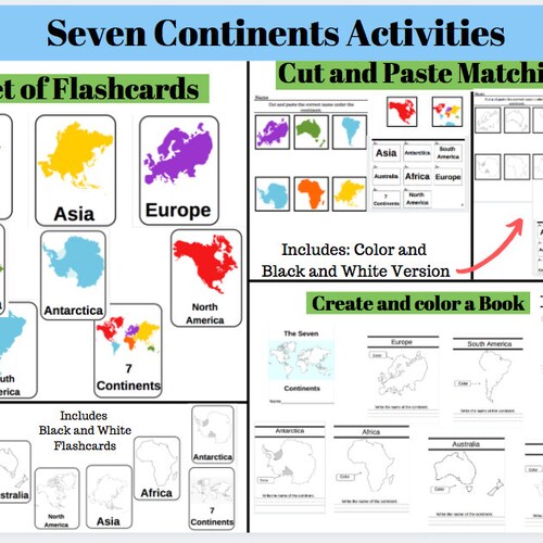 Continents Flashcards and Worksheets Printable Downloads // - Etsy