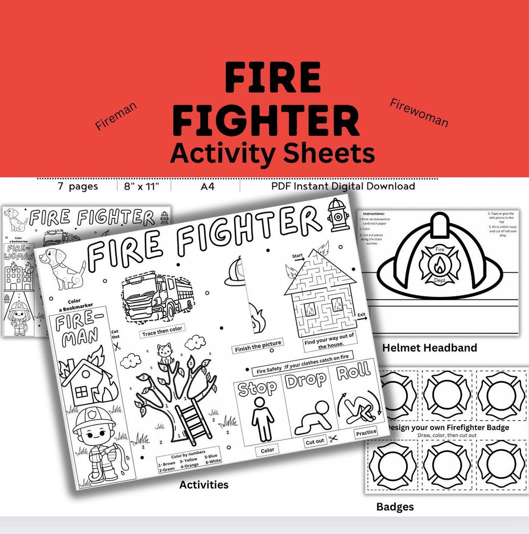 Fire Fighter Activity Coloring Pages DIGITAL DOWNLOAD // Printable ...