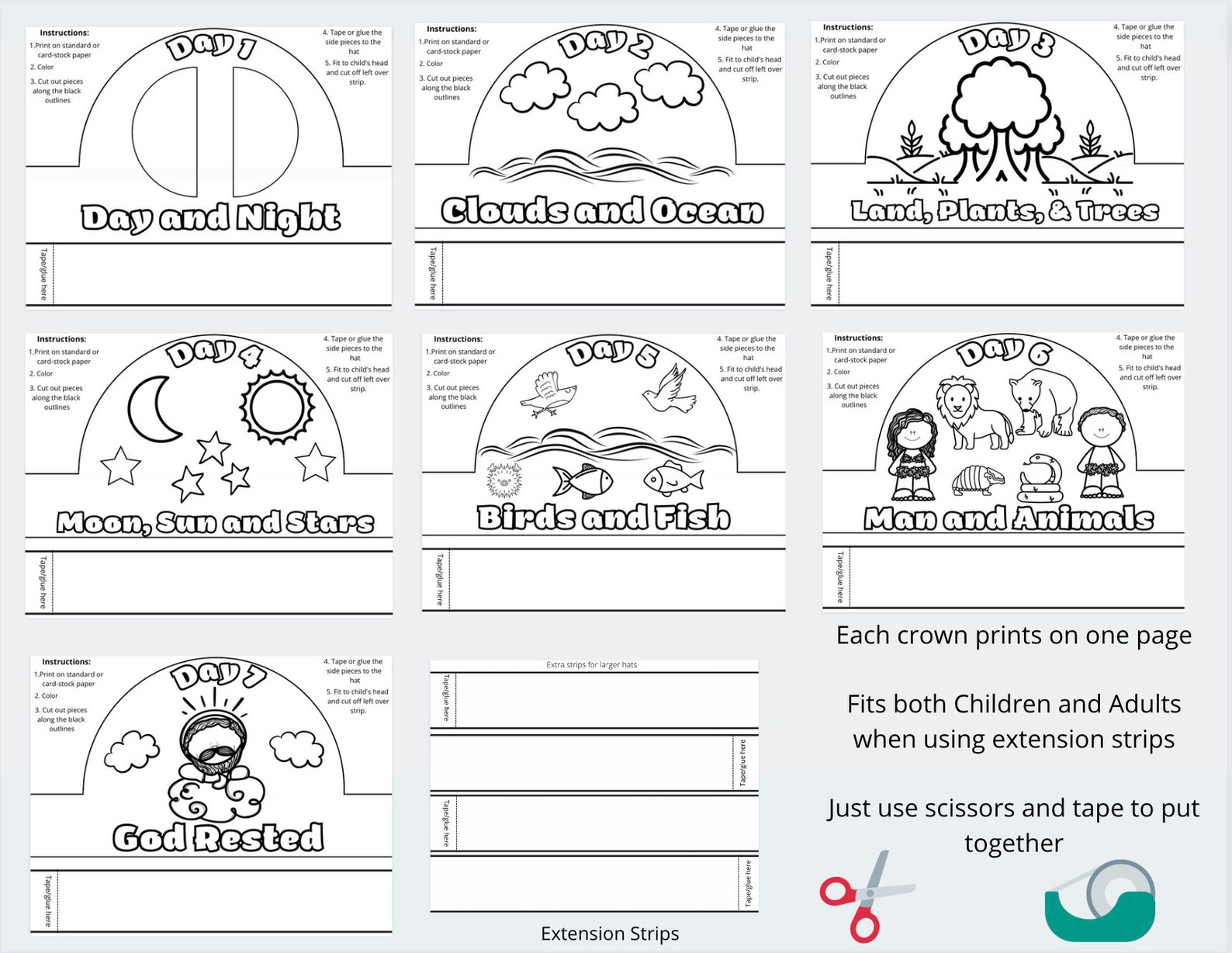 7 Days of Creation Paper Crown Set // Bible Story // Sunday School ...