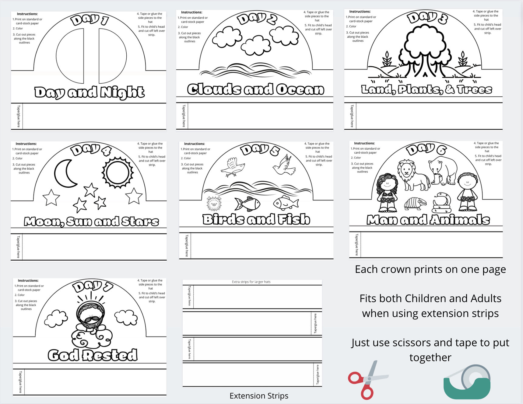 7 Days of Creation Paper Crown Set // Bible Story // Sunday School ...