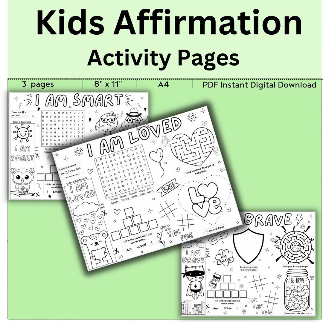 Kids Positive Affirmations Activity Coloring Pages DIGITAL DOWNLOAD ...