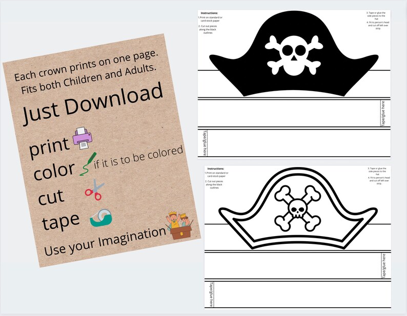 Pirate Paper Hat Set // Pirate Crown // Pirate Hat // Birthday Party ...