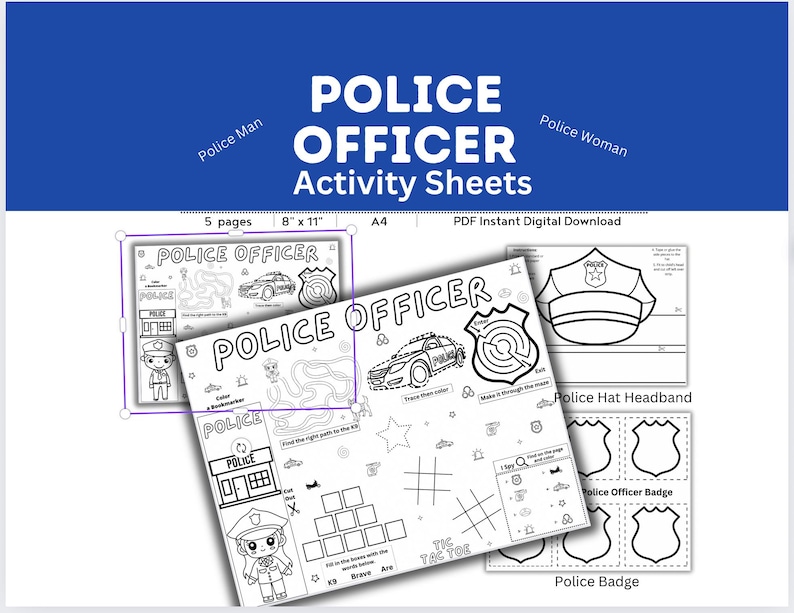 Police Officer Activity Coloring Pages DIGITAL DOWNLOAD // Printable ...