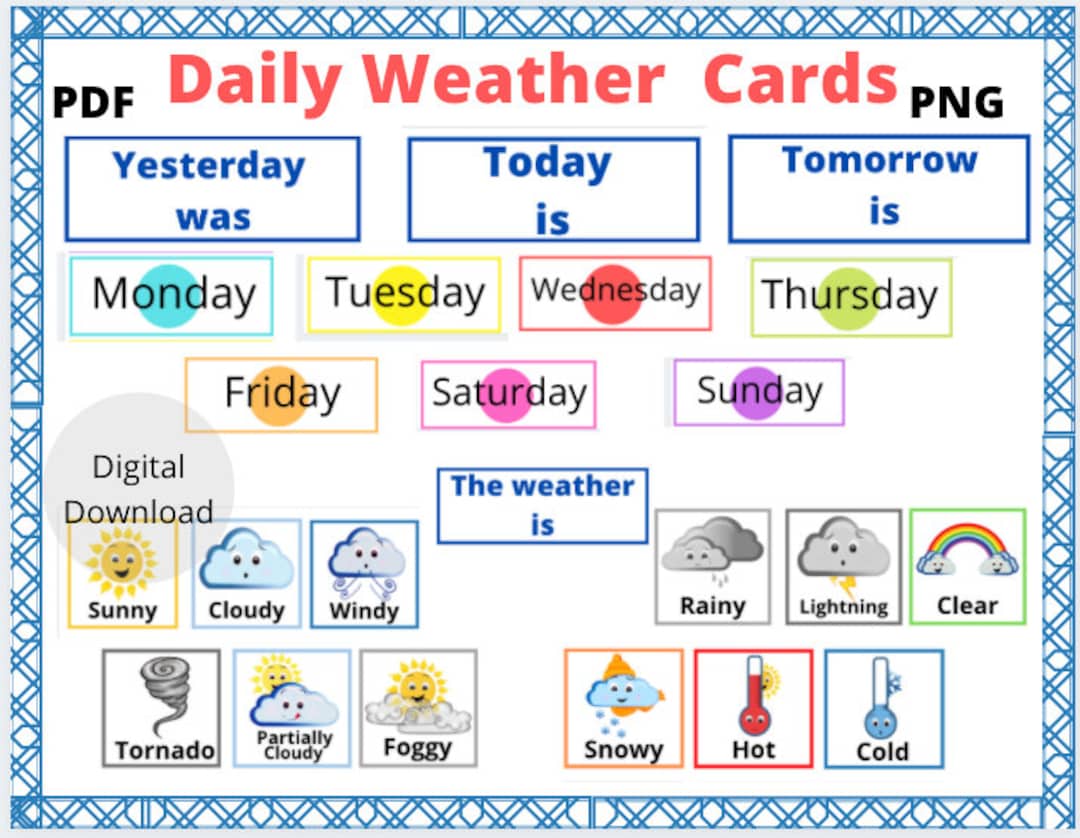Days of Week and Weather Calendar Cards Digital Download // Calendar ...