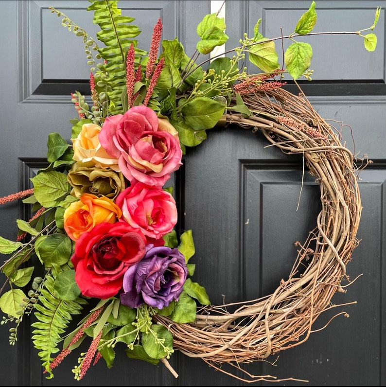 Rose Floral Wreath, Bright Multi-colored With Greenery, Spring, Summer ...