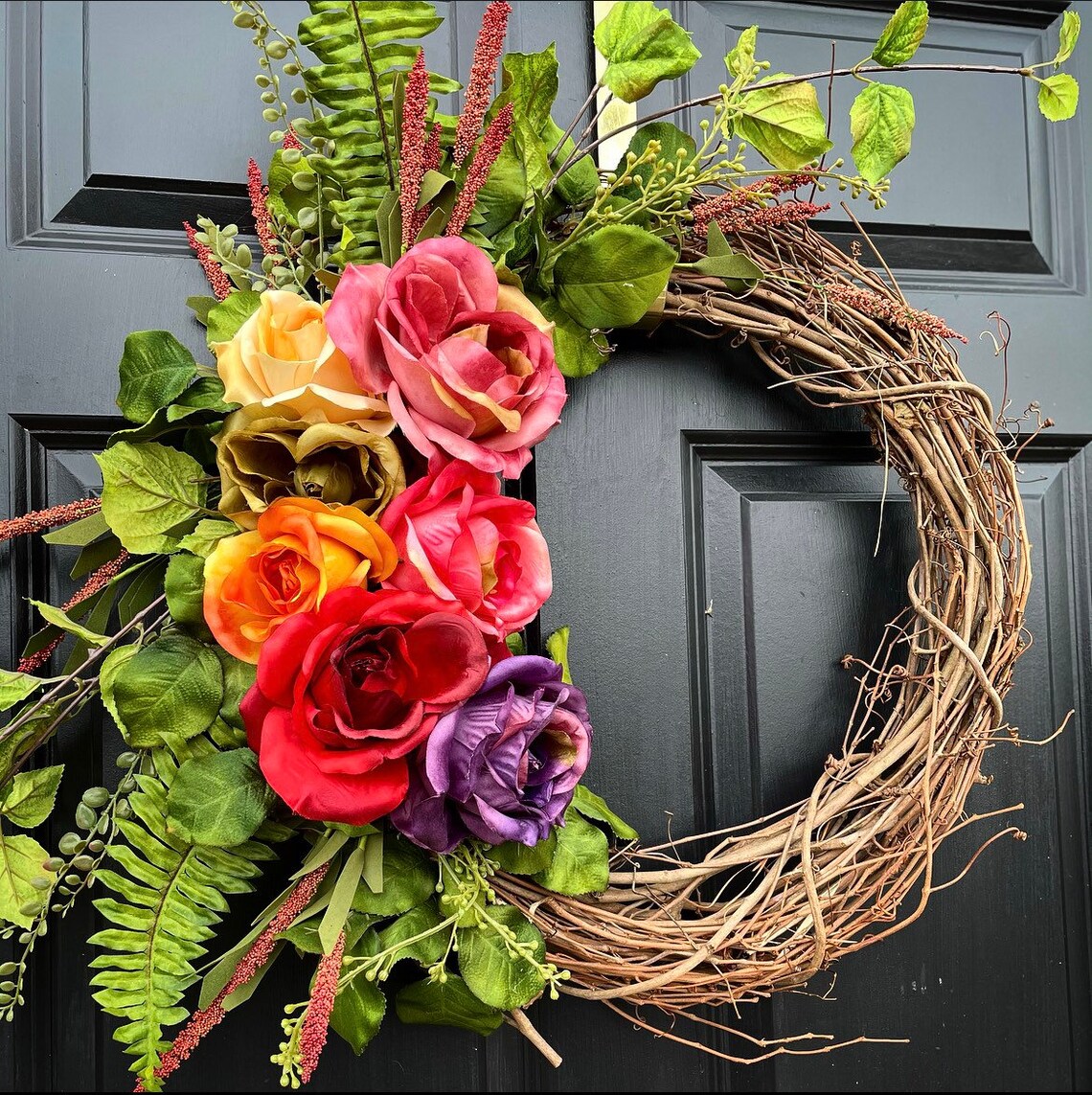 Rose Floral Wreath Bright Multi-colored With Greenery | Etsy