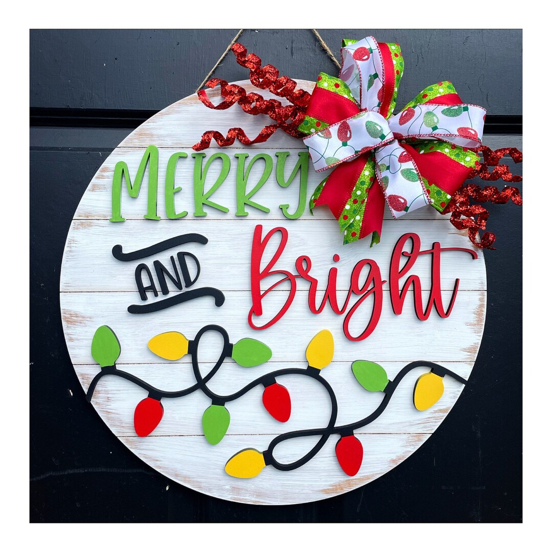 Christmas Door Hanger, Merry & Bright, Christmas Lights, Red and Green ...