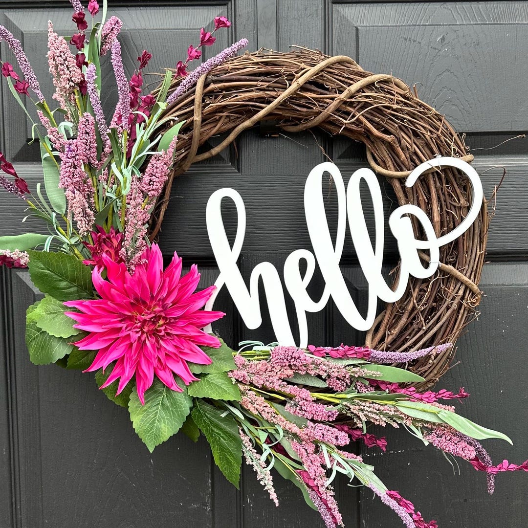 Purple Plum Hello Wreath for Spring, Summer Fall Everyday, Dahlia and ...