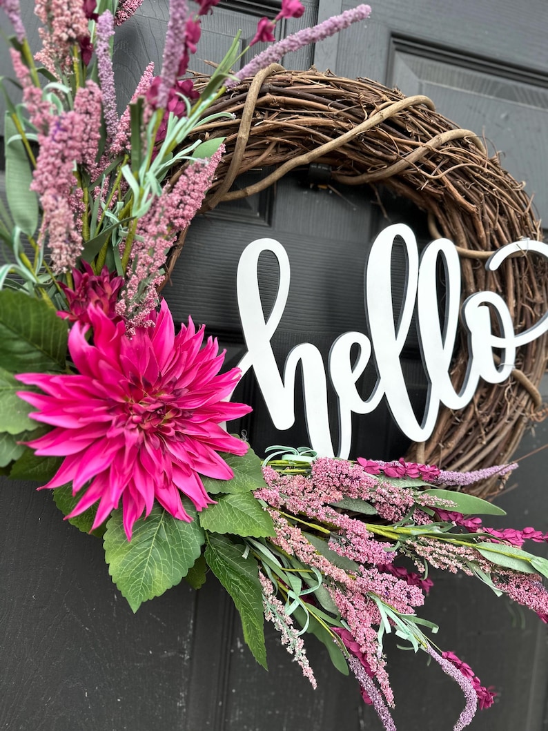 Purple Plum Hello Wreath for Spring, Summer Fall Everyday, Dahlia and ...