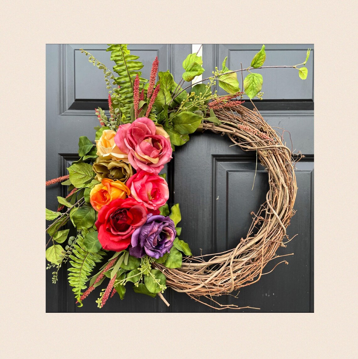 Rose Floral Wreath, Bright Multi-colored With Greenery, Spring, Summer ...