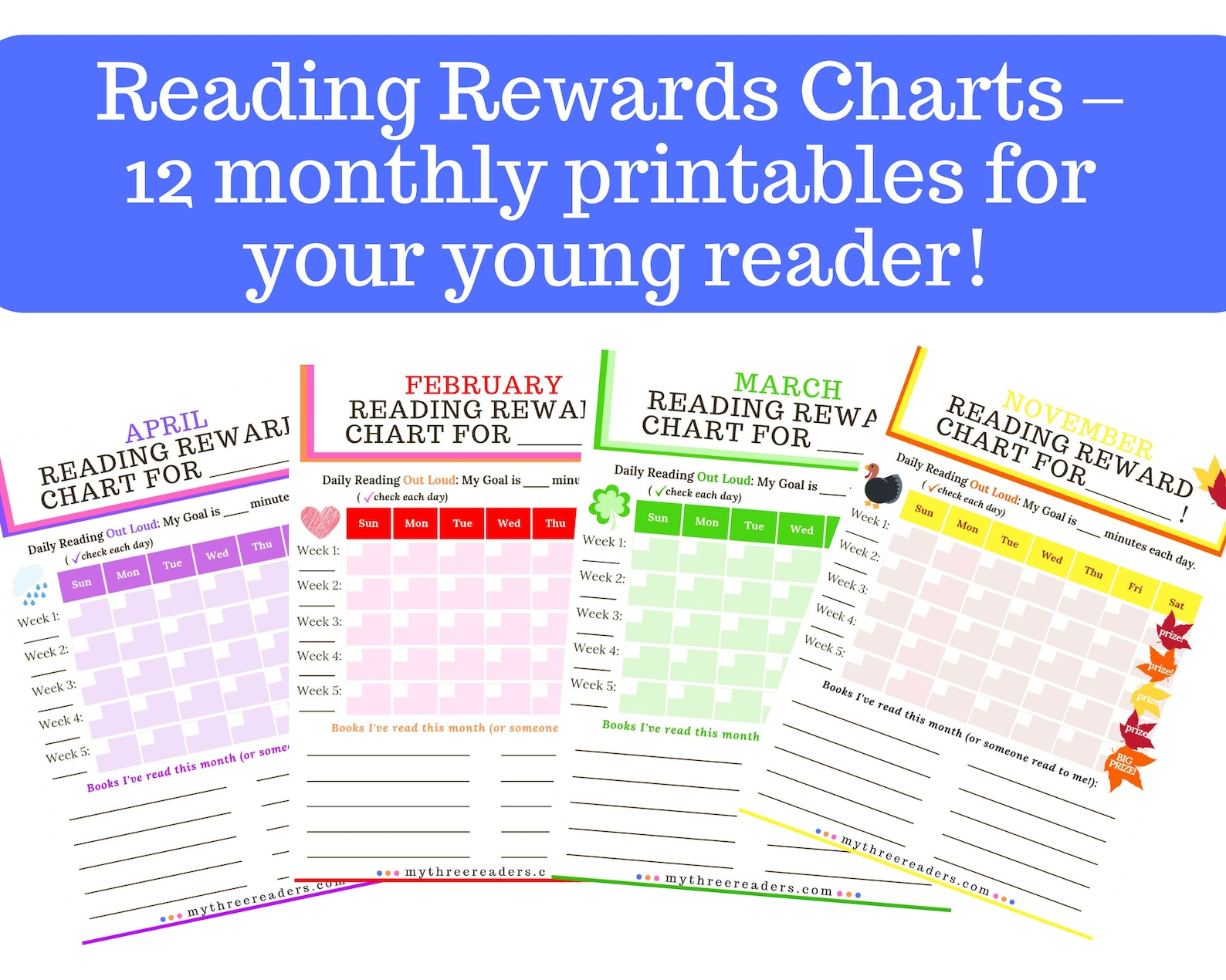 Reading Rewards Charts – 12 Monthly Printables for Your Young Reader ...