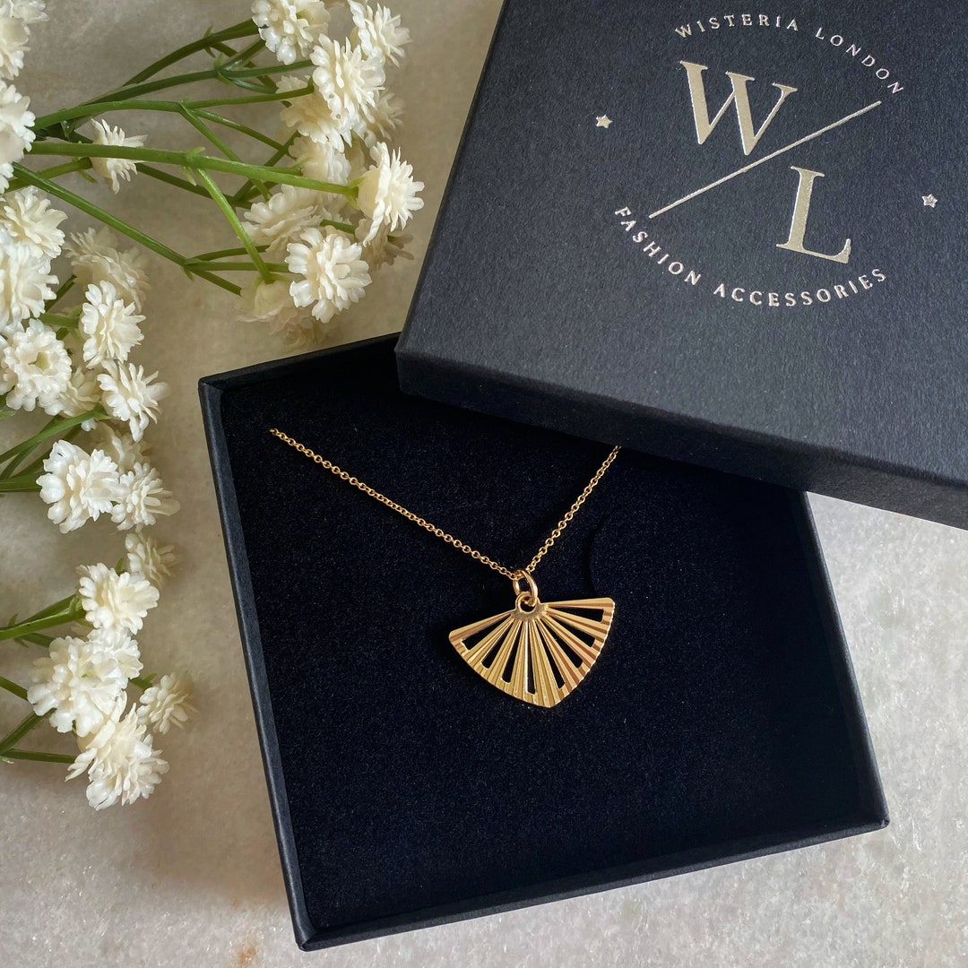 Gold Fan Necklace, Geometric Pendant, Vintage Inspired Necklace, Boho ...