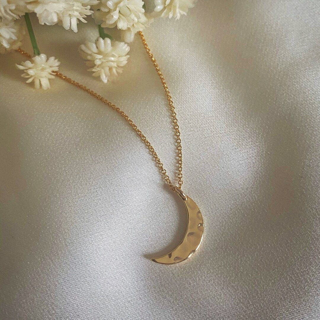 Dainty Gold Moon Necklace, Hammered Moon Charm, Crescent Moon Necklace ...
