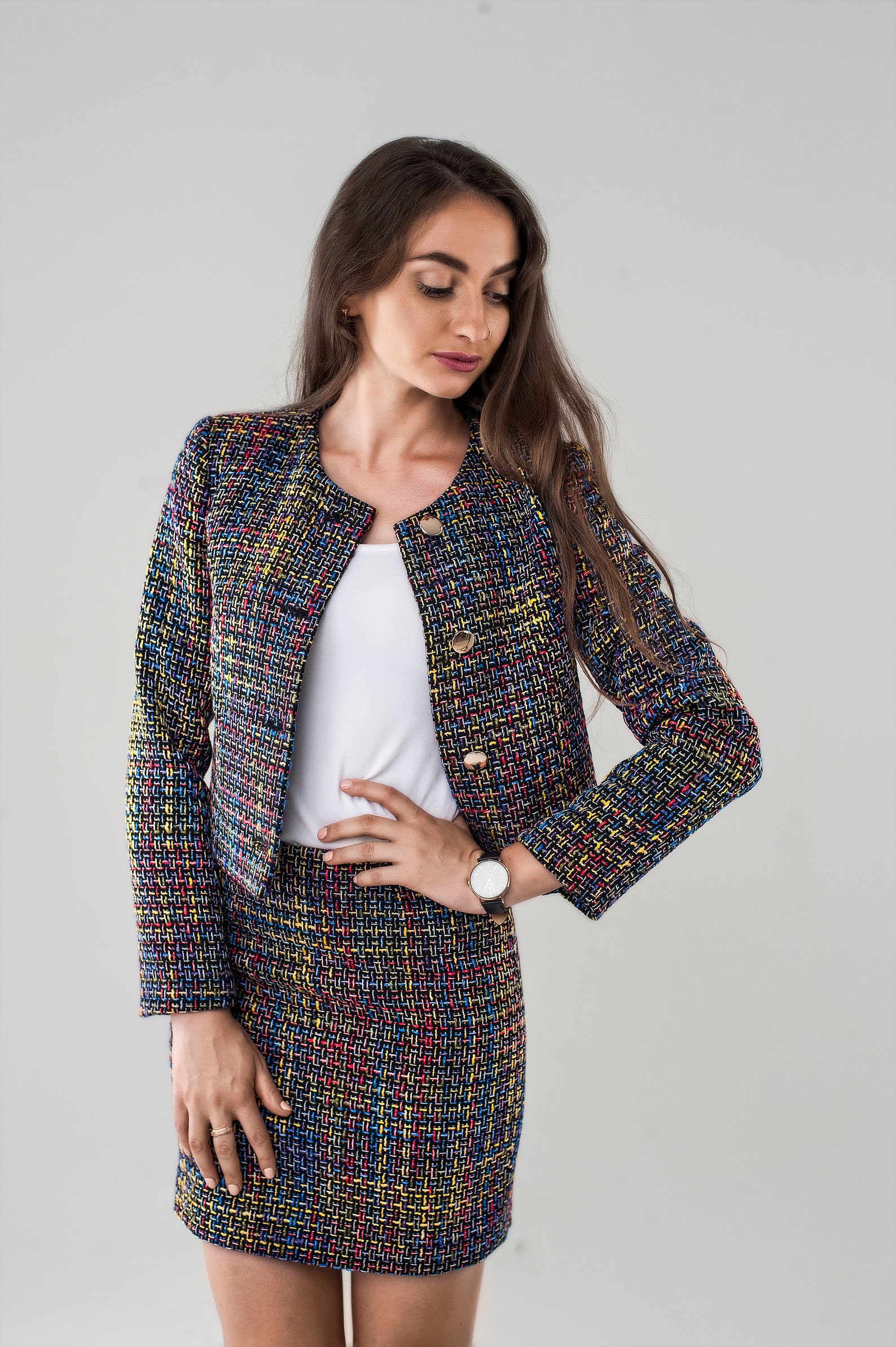 Tweed Suit, Tweed Jacket, Women's Suit, Multicolor Suit, Chanel Style ...